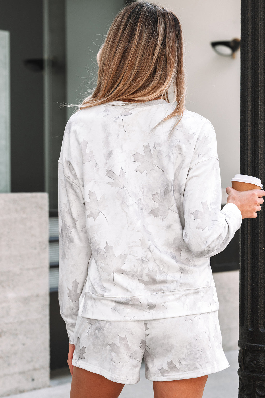 Beige Maple Camo Print Pullover Top and Elastic Waist Casual Short Set ...