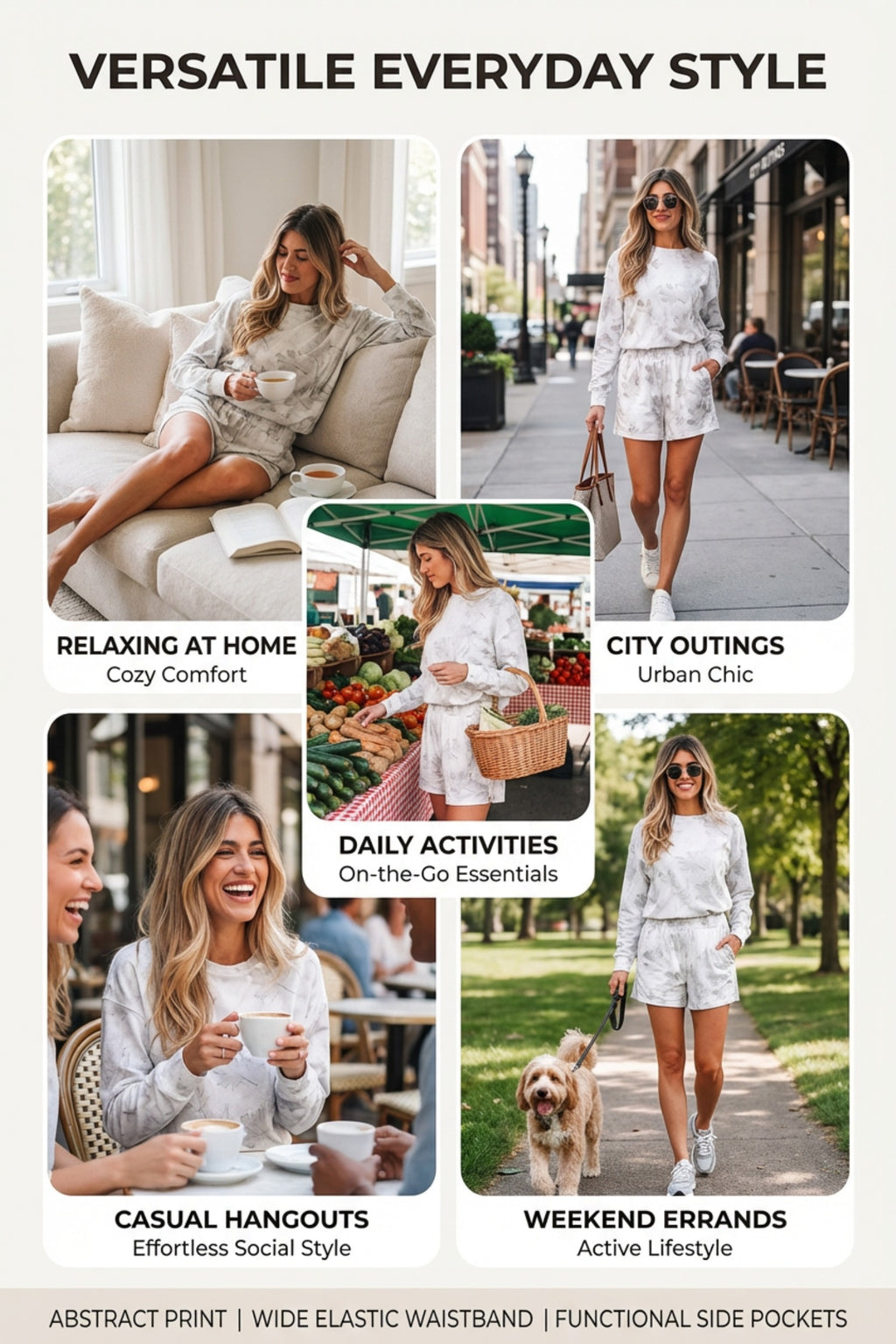 Beige Maple Camo Print Pullover Top and Elastic Waist Casual Short Set ...