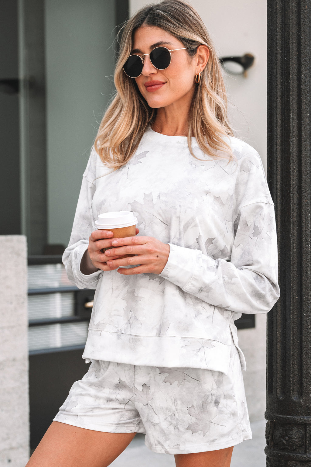 Beige Maple Camo Print Pullover Top and Elastic Waist Casual Short Set ...